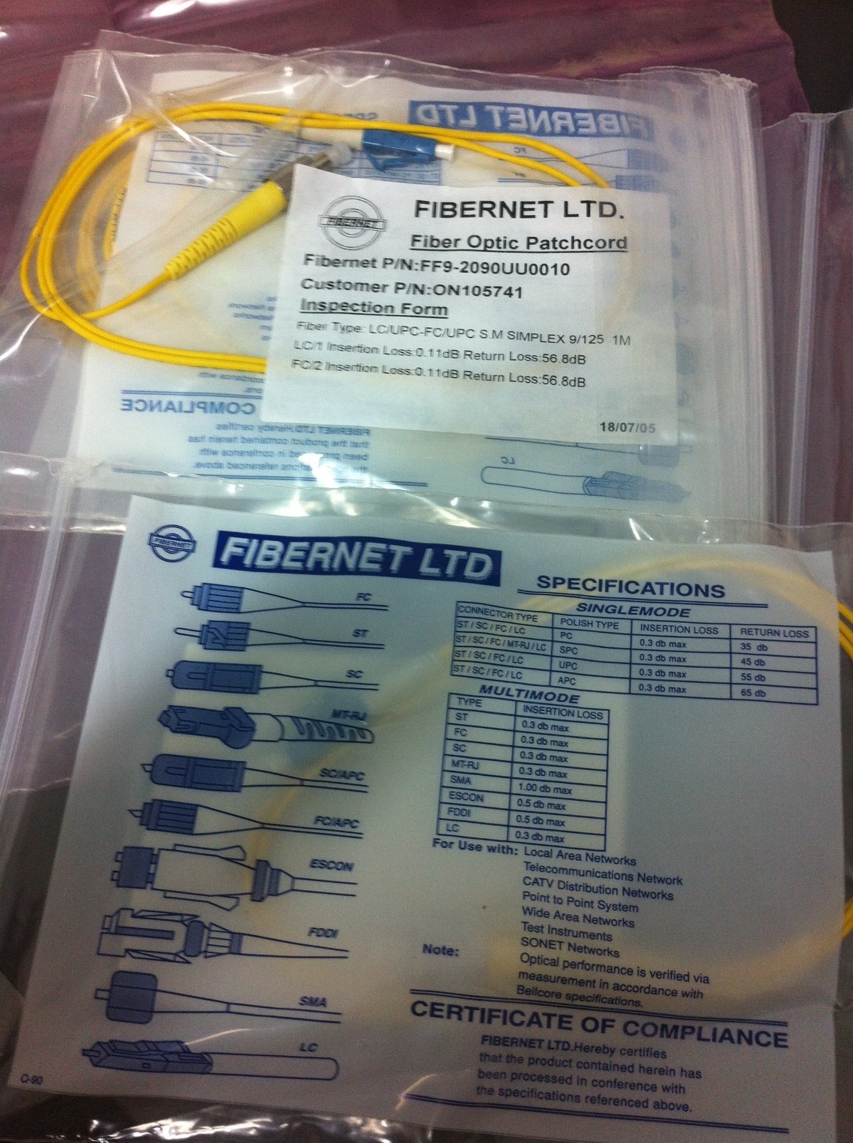 FF9-2090UU0010 - FIBERNET - 5 pcs LOT, FIBER OPTIC PATCHCORD | eBay