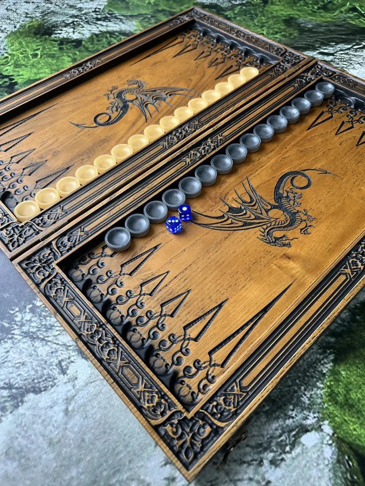 BACKGAMMON - Dragon - Luxury Handcraft Wooden Board Game Carved Set New ...
