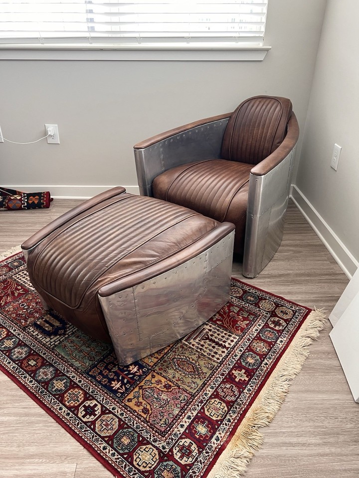 Restoration Hardware RH Aviator Leather Chair & Ottoman Brown Aluminum ...