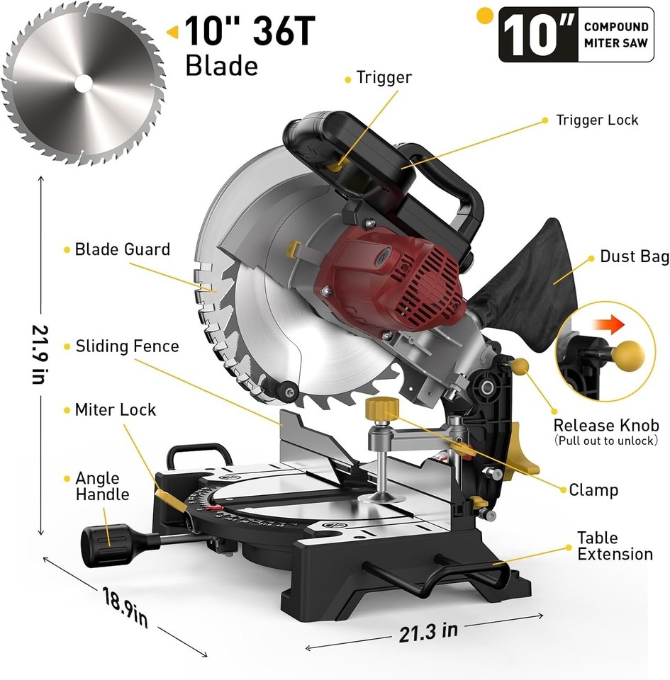 Miter Saw 10 inch chop saw Compound Miter Saw 15Amp 40T TCT Miter Saw ...