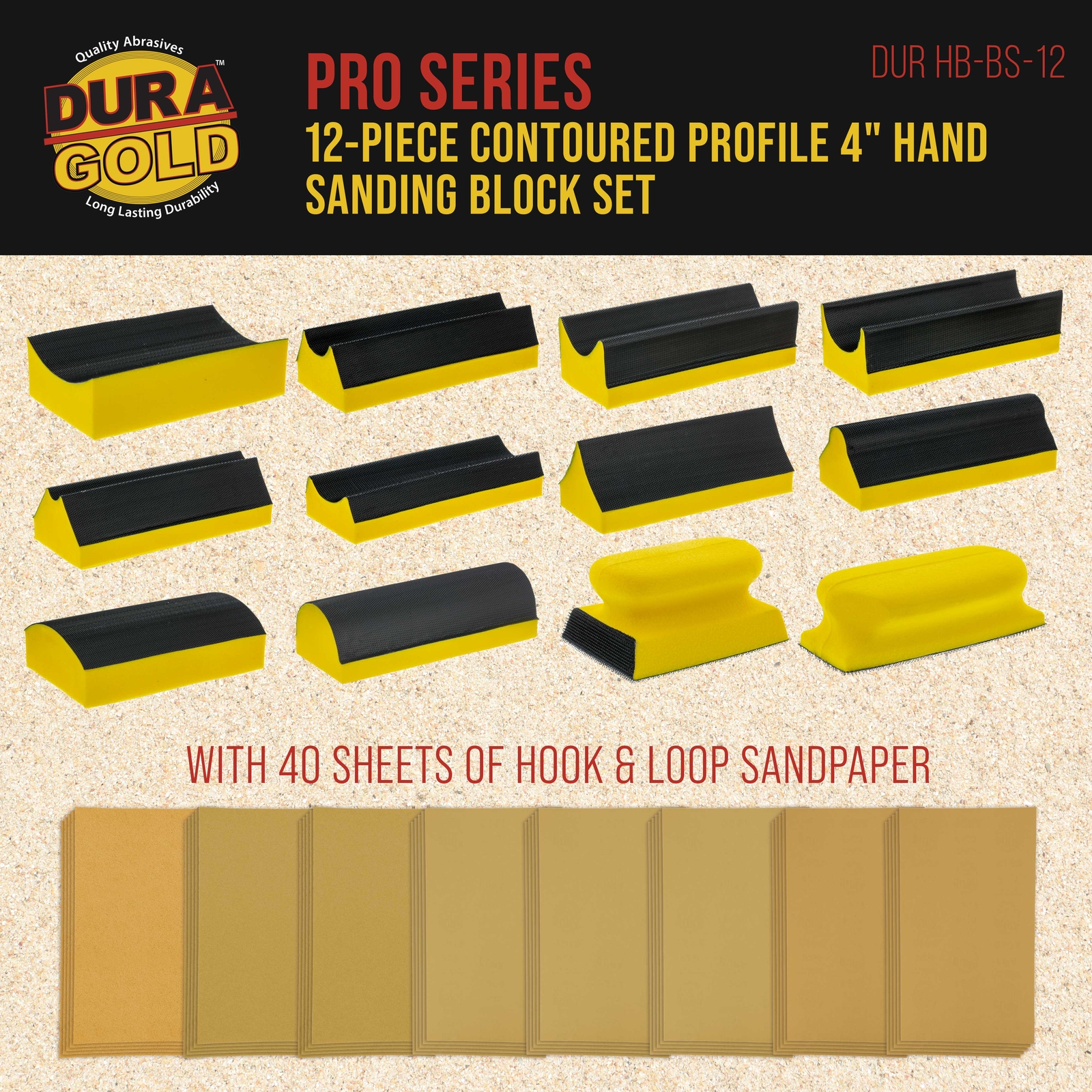 Dura-Gold 12-Piece Contoured 4" Hand Sanding Block Set, 40 Hook & Loop ...