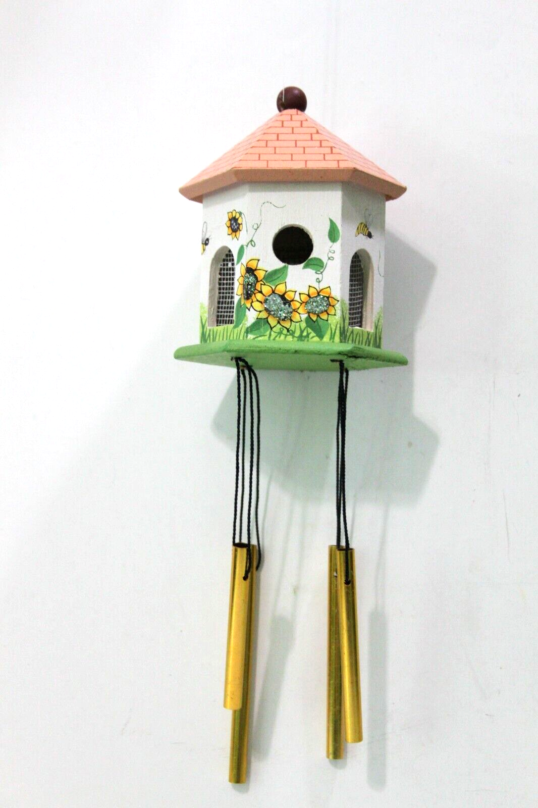 Miniature Small Bird House Wind Chimes Sunflower Bees Spring Wood Decor ...
