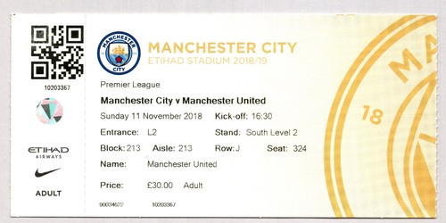 Manchester City v Manchester United 2018-2019 Premier League Ticket 11 ...
