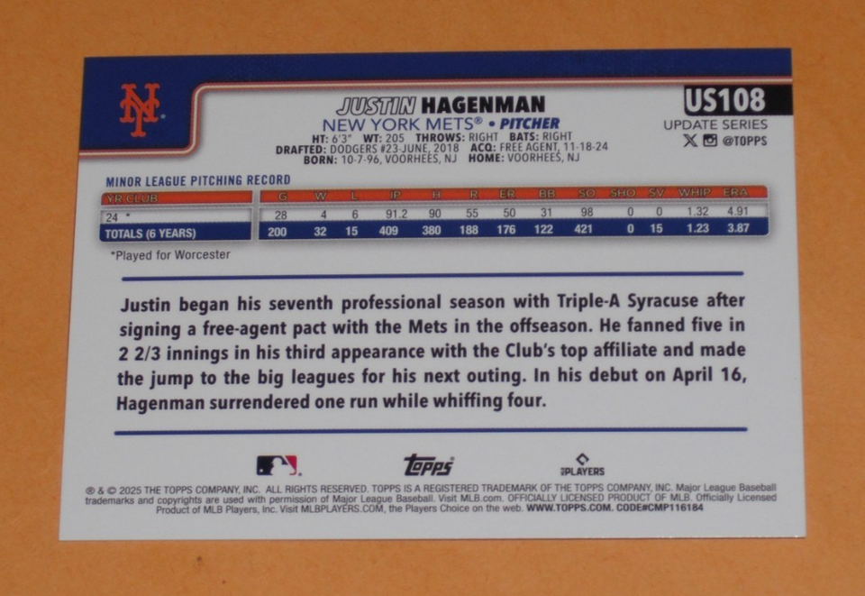 2025 Topps Update Justin Hagenman #US108 Rainbow Foil Rookie Card RC ...