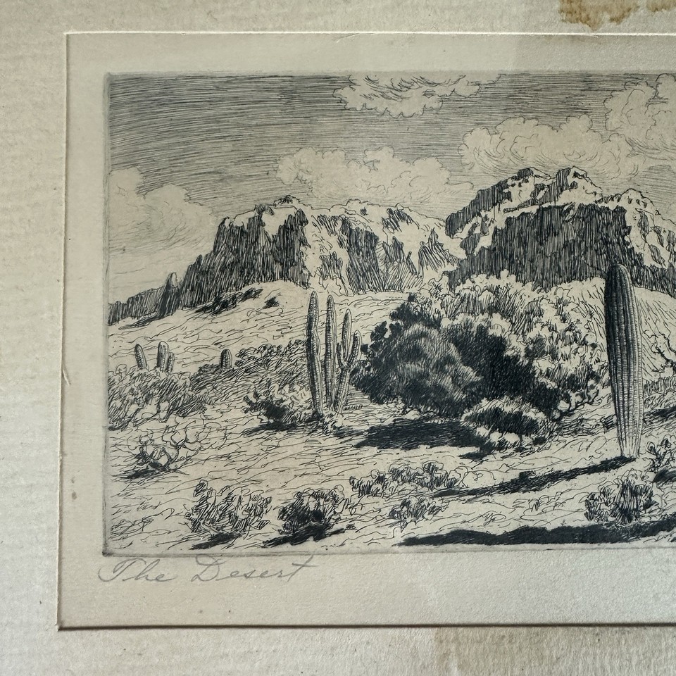 Lyman Byxbe “The Desert” Vintage Etching Framed Cactus Scene Southwest ...
