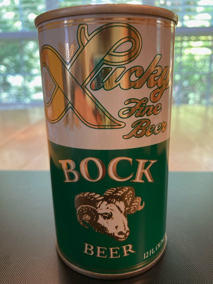 Lucky Bock Beer, PT BO, Great Empty Indoor Can, Couple Shallow Ripples ...