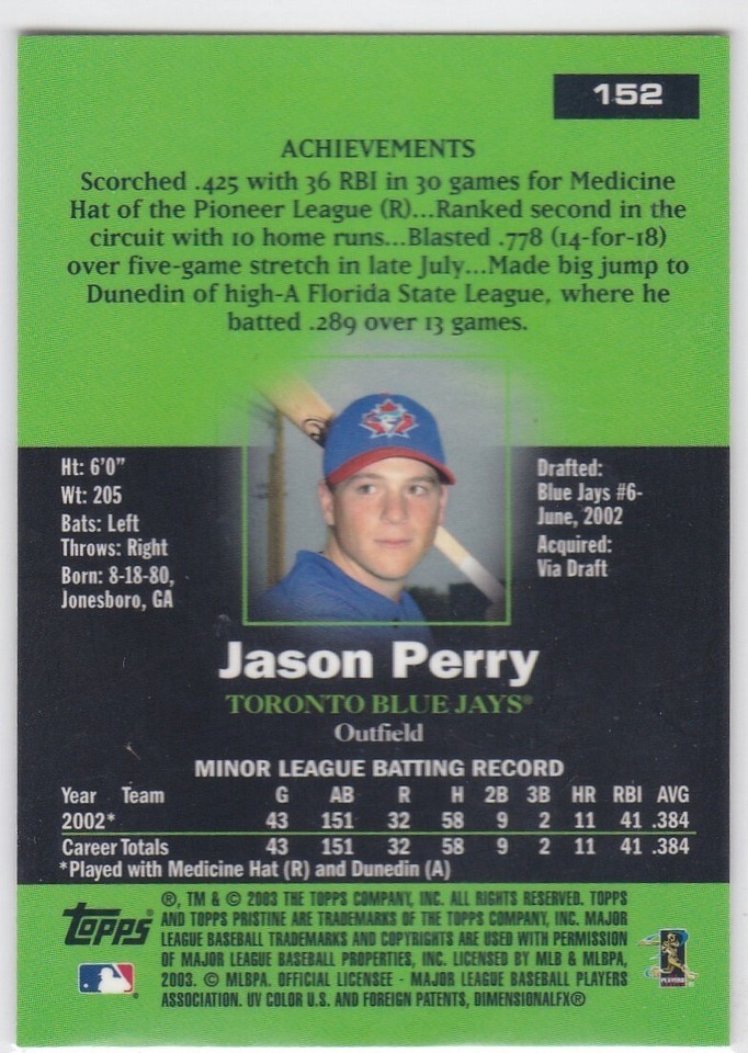 2003 Topps Pristine #152 Jason Perry Blue Jays Free Shipping! | eBay
