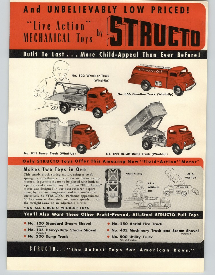 1950 PAPER AD 2 PG Structo Toy Trucks Dump Tow Wrecker Tanker Tractor ...