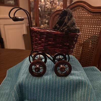 Vintage Miniature Carriage Antique Victorian Wicker Doll Buggy 4”across ...