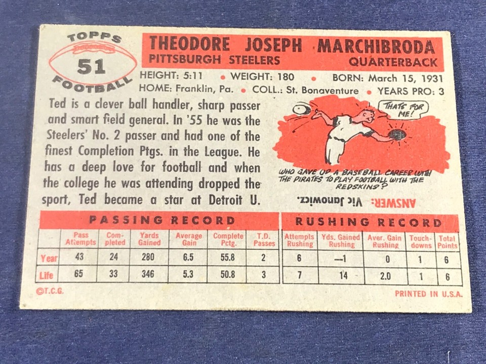 F4-11 FOOTBALL CARD - TED MARCHIBRODA PITTSBURGH STEELERS -1956 TOPPS ...