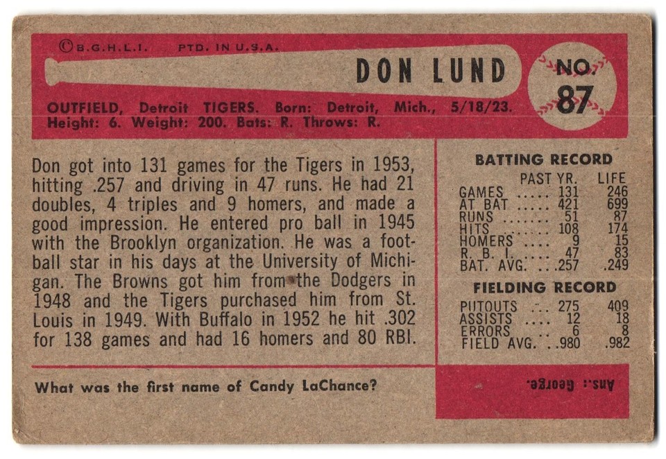 Don Lund 1954 Bowman Color MLB Card #87 | eBay