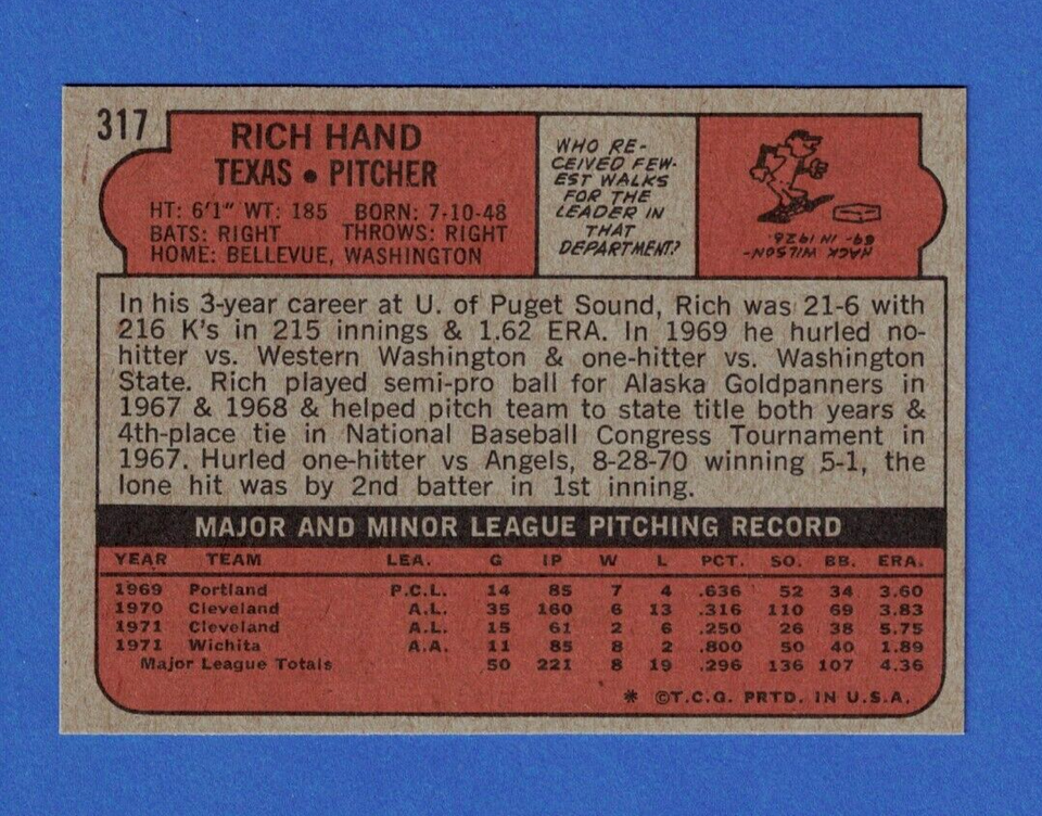 1972 Topps #317 Rich Hand NM-MT Texas Rangers | eBay