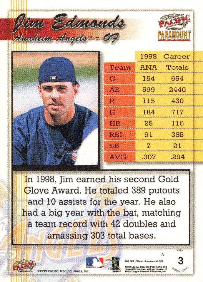 Jim Edmonds 1999 Pacific Paramount #3 Anaheim Angels Baseball | eBay