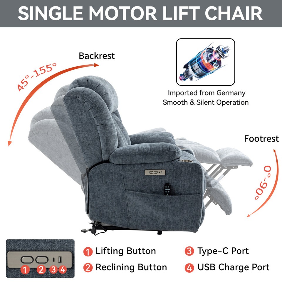 350 LBS Chenille Power Lift Recliner, 8-Pt Vibe Massage,Lumbar Heat ...