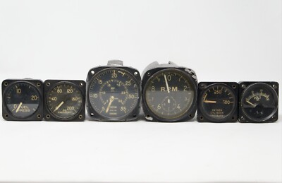 Lot of 6 vintage aircraft indicator gauges, Kollsman tachometer voltage ...