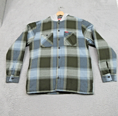 Wrangler Jacket Mens Medium Green Blue Plaid Hooded Flannel Quilted ...