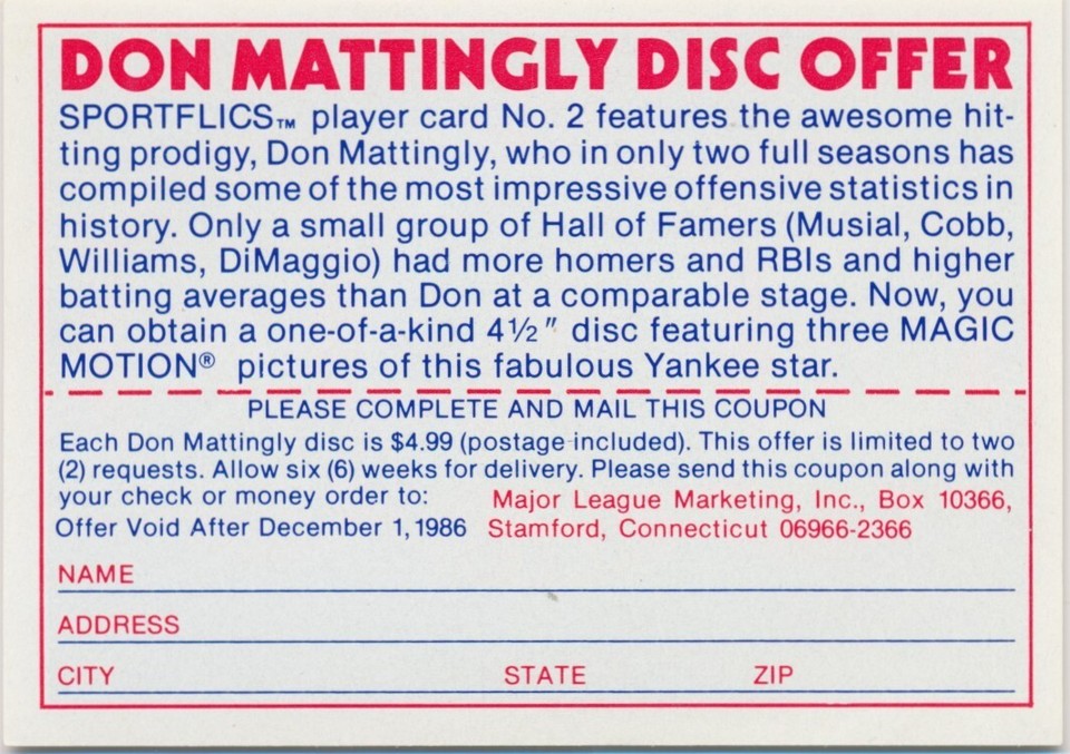 1986 Sportflics Don Mattingly Disc Offer Coupon New York Yankees (b) | eBay