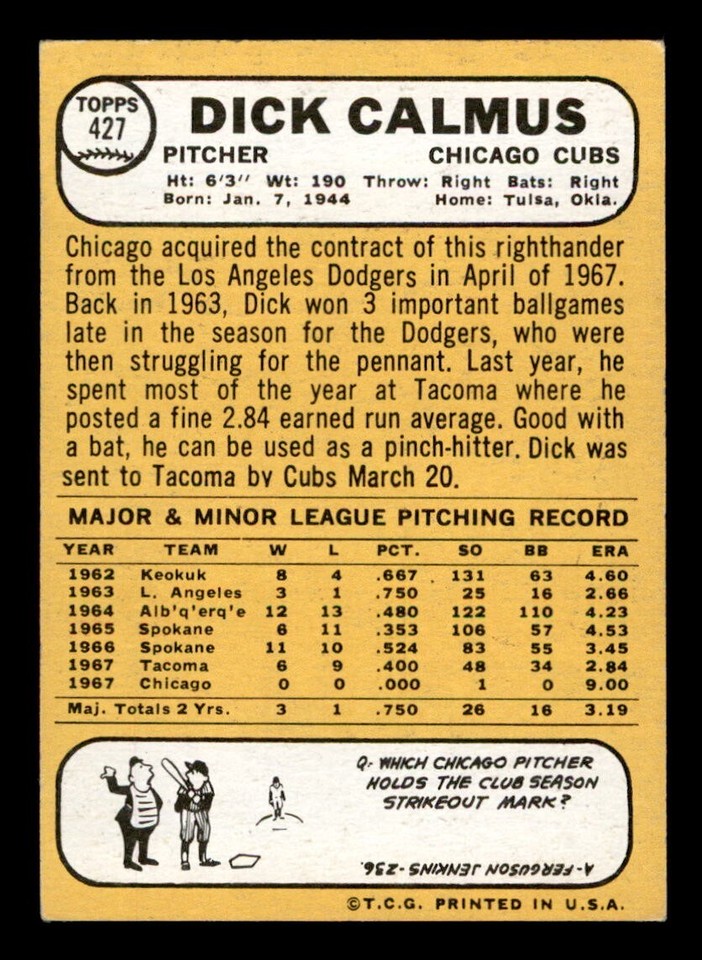 1968 Topps Baseball #427 Dick Calmus EX *e1 | eBay