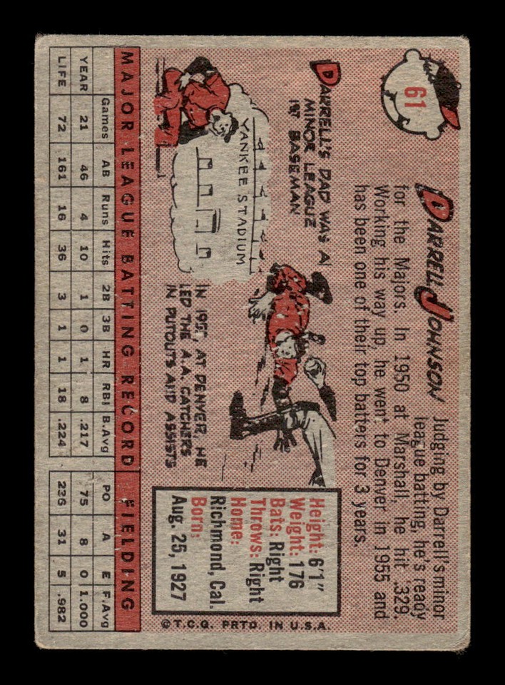 1958 Topps Baseball #61 Darrell Johnson CREASED Good New York Yankees ...