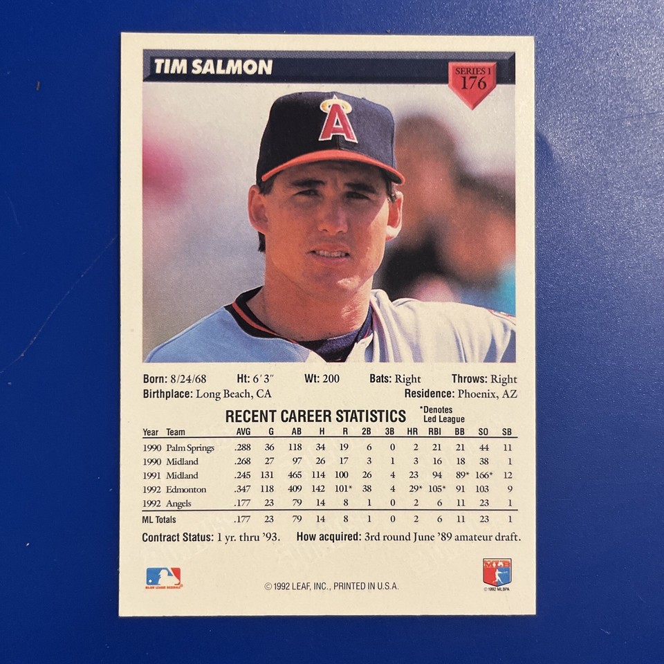 1993 Donruss Baseball Tim Salmon Rated Rookie RC #176 California Angels ...
