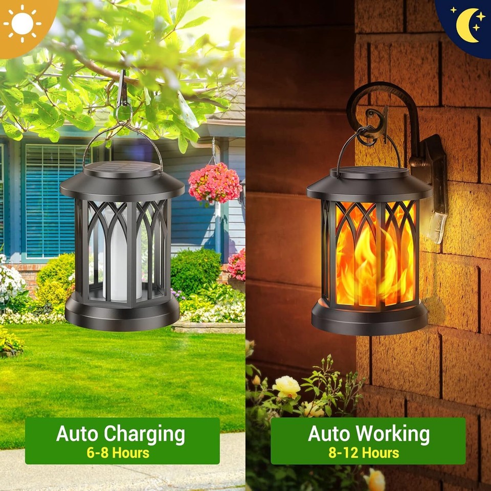 LED Flickering Flame Effect Solar Hanging Light Lantern Outdoor Garden ...