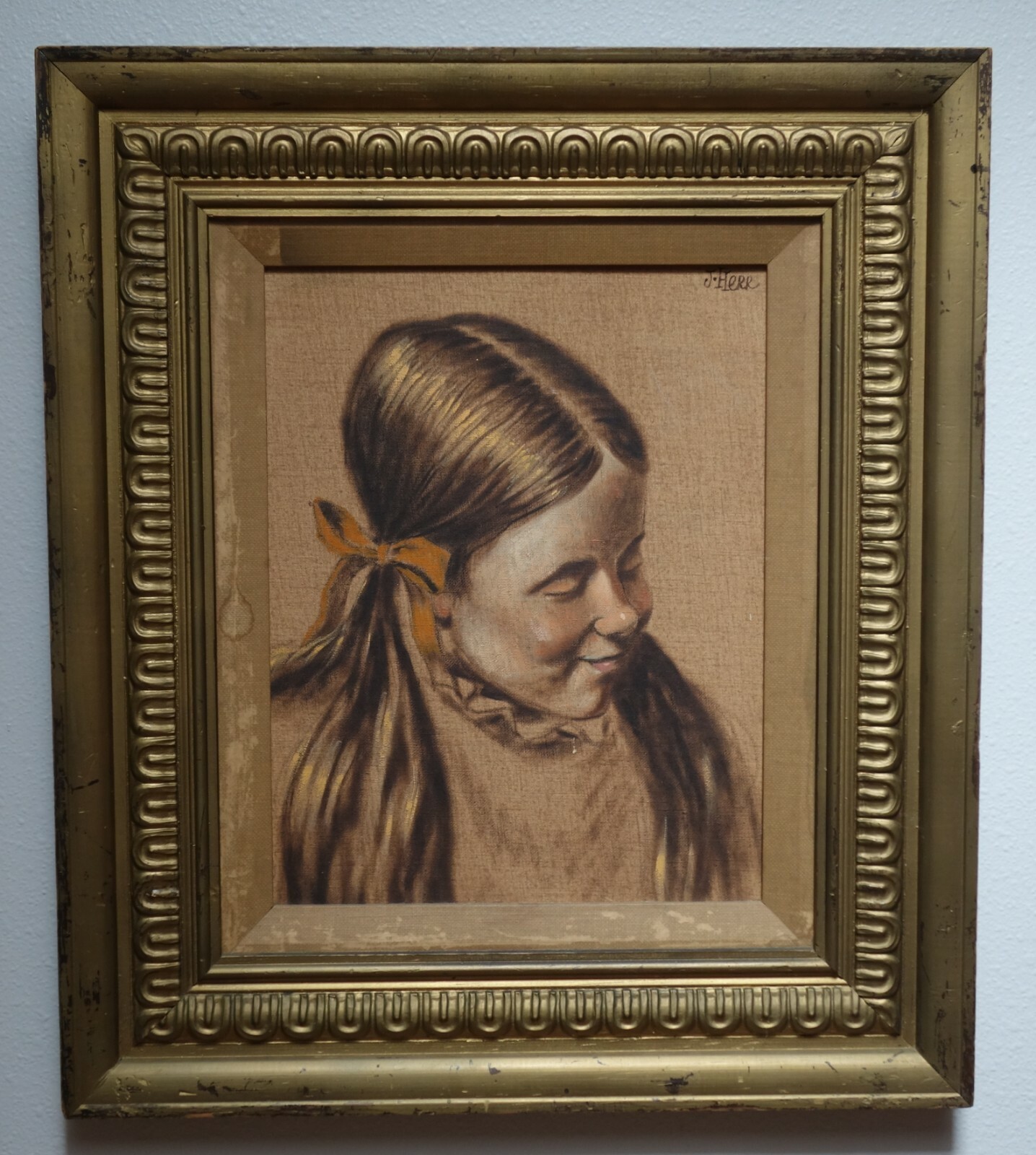 Julius Herr Portrait Oil Painting Red Head Girl with Pigtails Eyes Shut ...