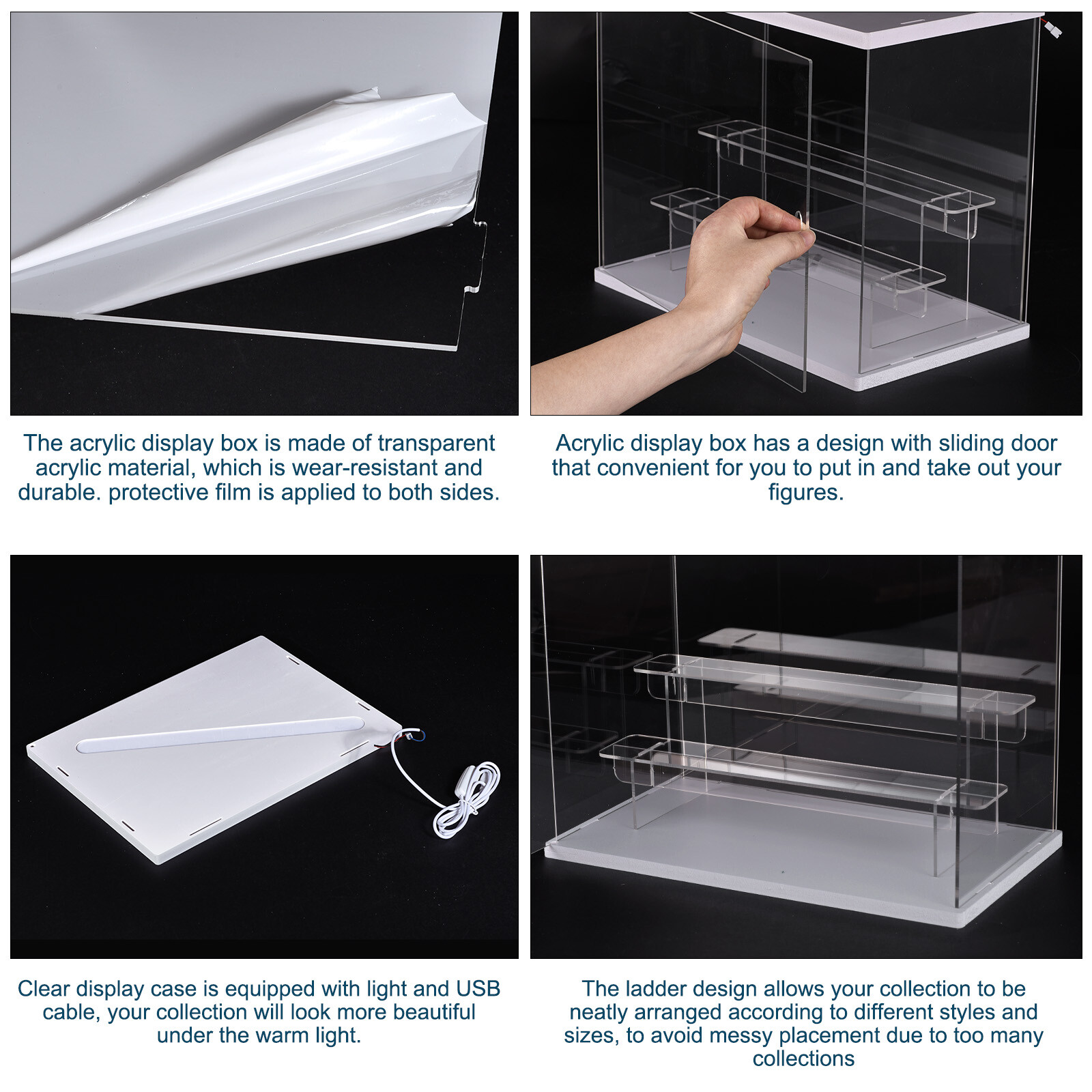 Clear Acrylic Display Case with LED Light 2 Tier Wood 32cm x 18cm x 26 ...