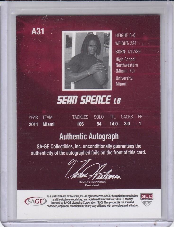 SEAN SPENCE 2012 Sage Hit Autograph Gold #A3 107/250 Miami Hurricanes ...