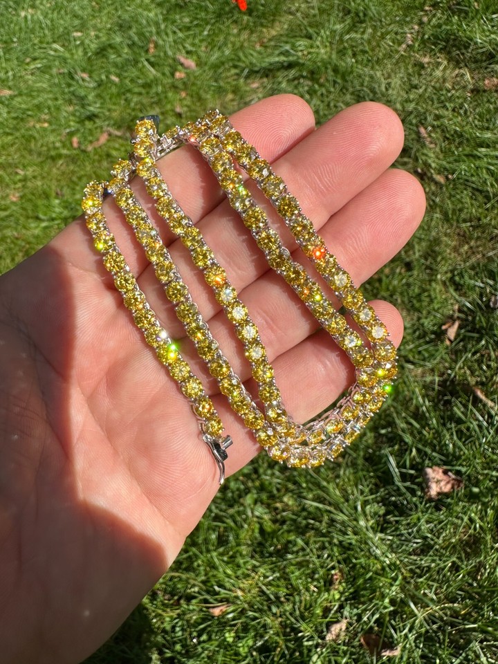 Canary Yellow MOISSANITE 5mm Tennis Chain 925 Silver Iced Necklace ...