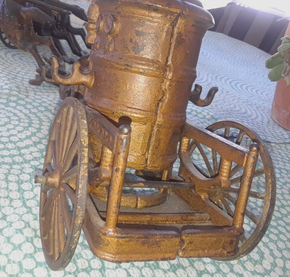 23" LRG ANTQ CAST IRON WILKINS EARLY Fire Pumper 3 Horse Drawn Wagon ...