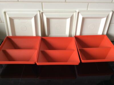 3 ZEN RED TUPPERWARE DIVIDED SQUARE DISHES SALADS LUNCHES WHITE SEALS ...