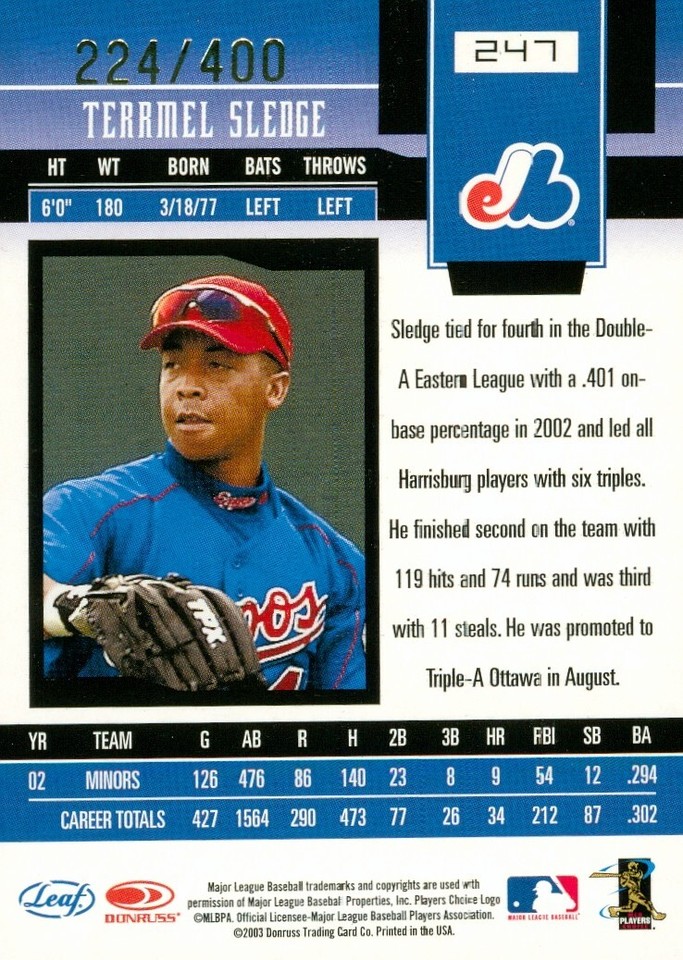 2003 Leaf Certified Materials SP Terrmel Sledge 247 Expos 224/400 | eBay