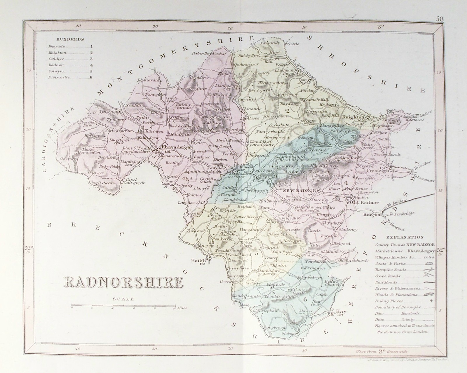 OLD ANTIQUE MAP RADNORSHIRE WALES c1840's by J ARCHER ORIGINAL HAND ...