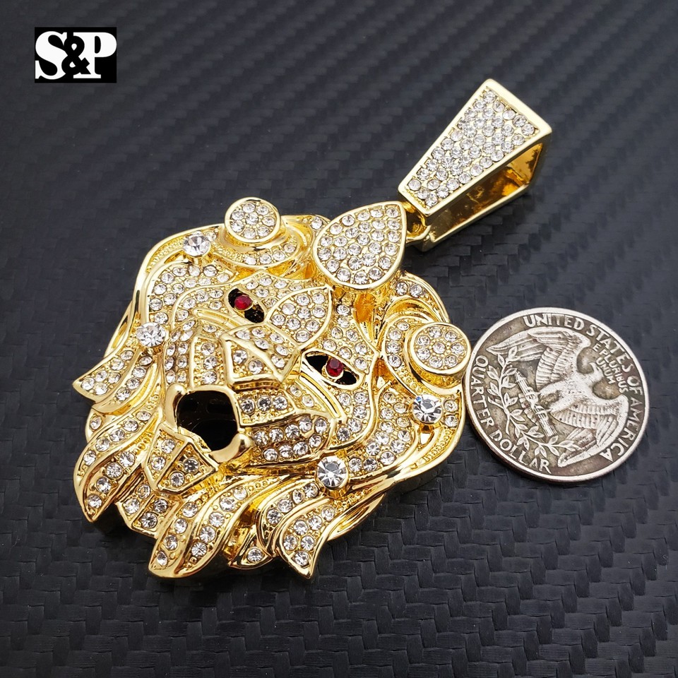 Gold Plated Alloy Cubic Zirconia Iced Lion Head Pendant 18" Cuban Chain ...