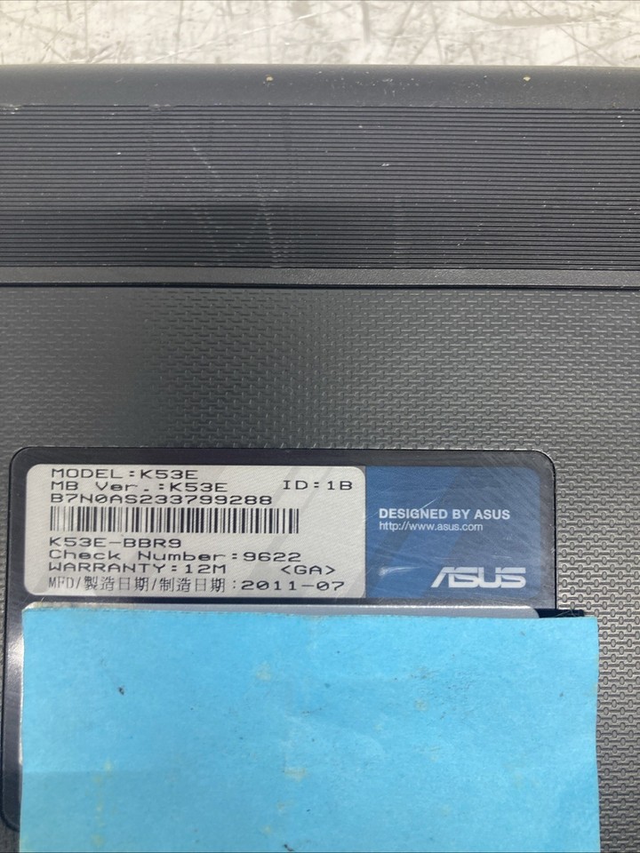 ASUS K53E 15.6" Intel Core i5-2410 2.3GHz 4GB RAM NO HDD Boots to BIOS ...