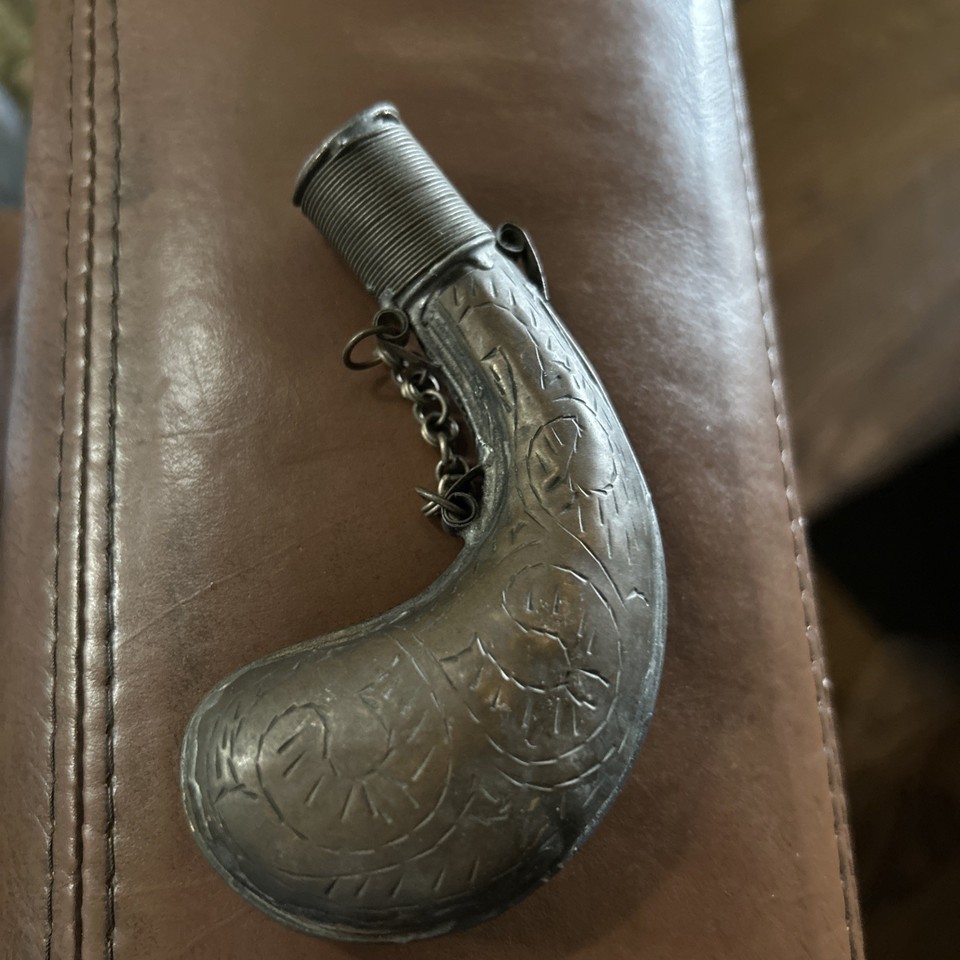 Vintage Old Black Powder Brass Powder Horn Flask Metal | eBay