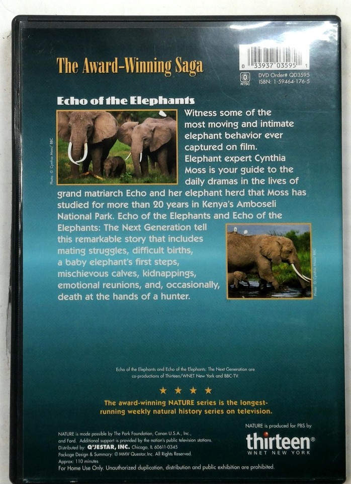 NATURE Echo of the Elephants DVD 2004 Double Program PBS Emmy Wildlife ...