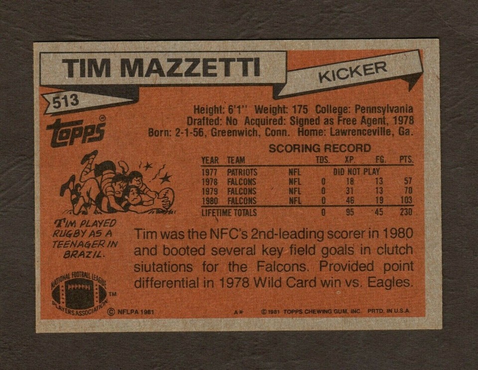 1981 Topps Football Card #513 Tim Mazzetti – Atlanta Falcons | eBay
