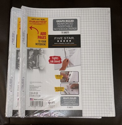 2x Five Star Graph Ruled Reinforced Insertable Notebook Paper 75 Sheets ...
