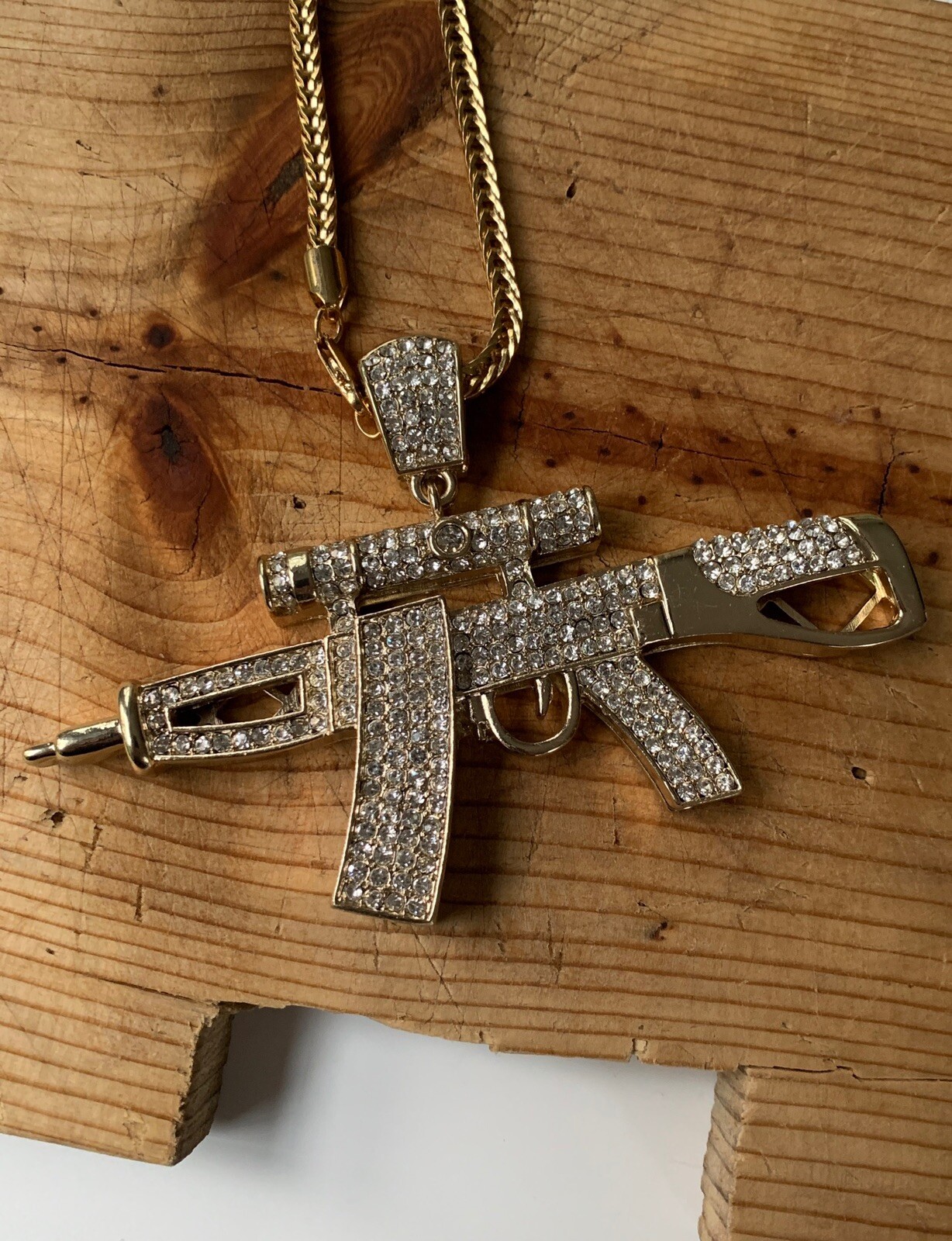 14K XL Gold Plated Machine Gun Bling Pendant W/36” Chain BIG Hip Hop ...