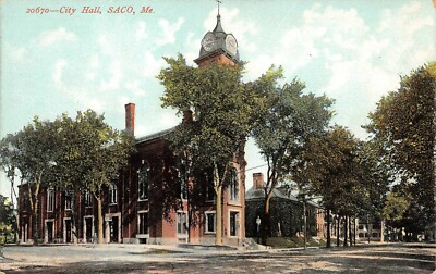 Saco City Hall Main St. Corner Street View Downtown Saco,ME Vtg 1910's ...