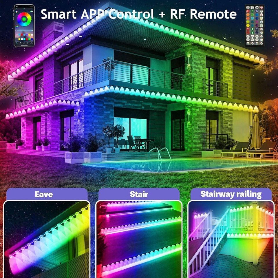 Outdoor Waterproof LED Strip Lights RGB Music Sync App Remote Rope ...