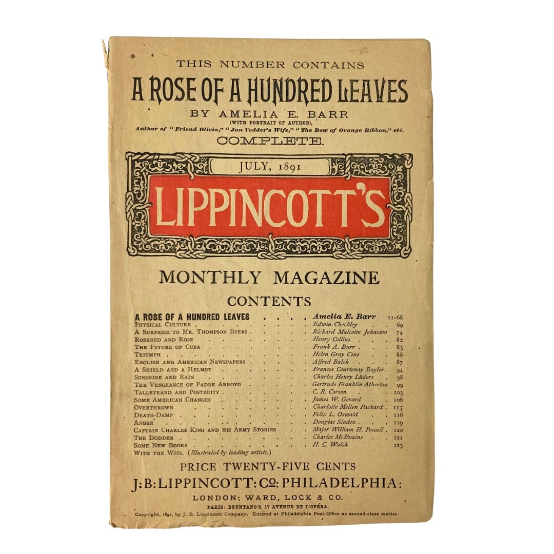 VTG Lippincott's Magazine July 1891 A Rose of a Hundred Leaves No Label ...
