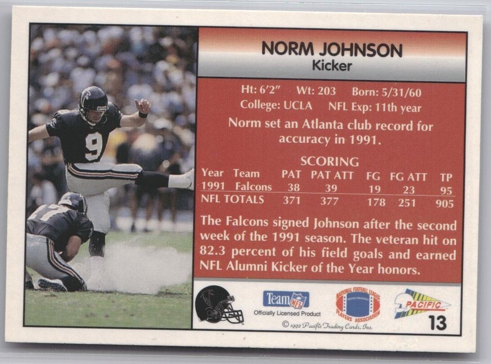 1992 Pacific Football Card #13 Norm Johnson | eBay
