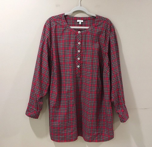 talbots Women 3X Red plaid tartan Classic Shirt Top Tunic Jewel Holiday ...
