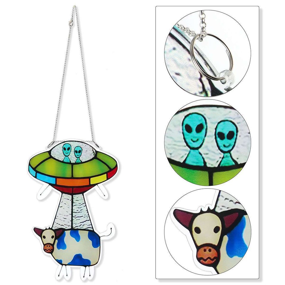 UFO Alien Cow Pendant Stained Glass Suncatcher Window Panel Garden ...