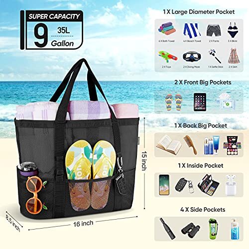Large Beach Bag Pool Bags Mesh Beach Tote For Toys Towel Flip Flops Black | eBay