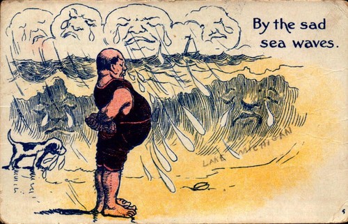 VINTAGE POSTCARD-"BY THE SAD SEA WAVES" MAN WATCHING WAVES,CLOUDS & DOG ...