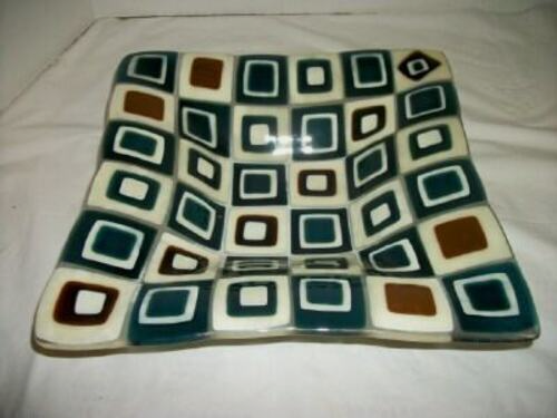 HELEN RUDY FUSED ART GLASS ALLSORTS DISH PLATE RARE AQUA BROWNS SIGNED ...