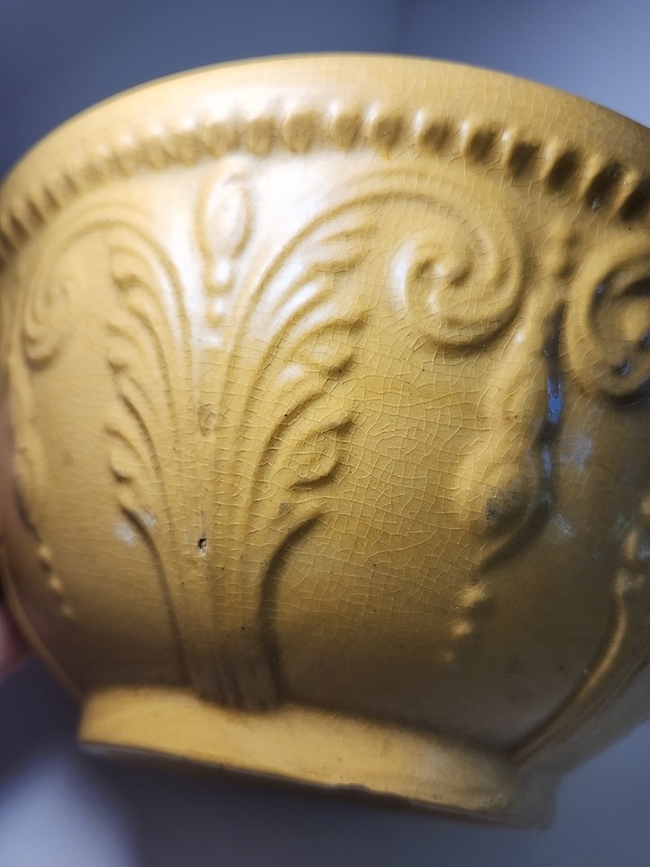 Vintage Yellow Ware Stoneware Crock Mixing Bowl Raised Detail 9 ...